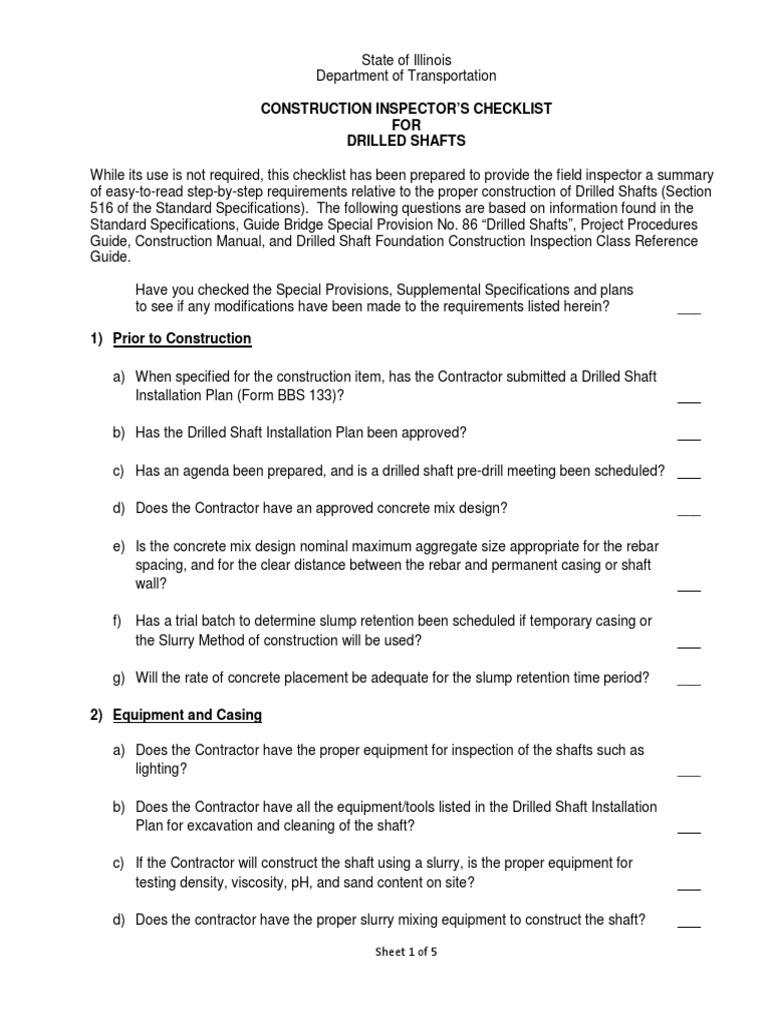 Drilled Shaft Inspector's Checklist | PDF | Concrete | Deep Foundation