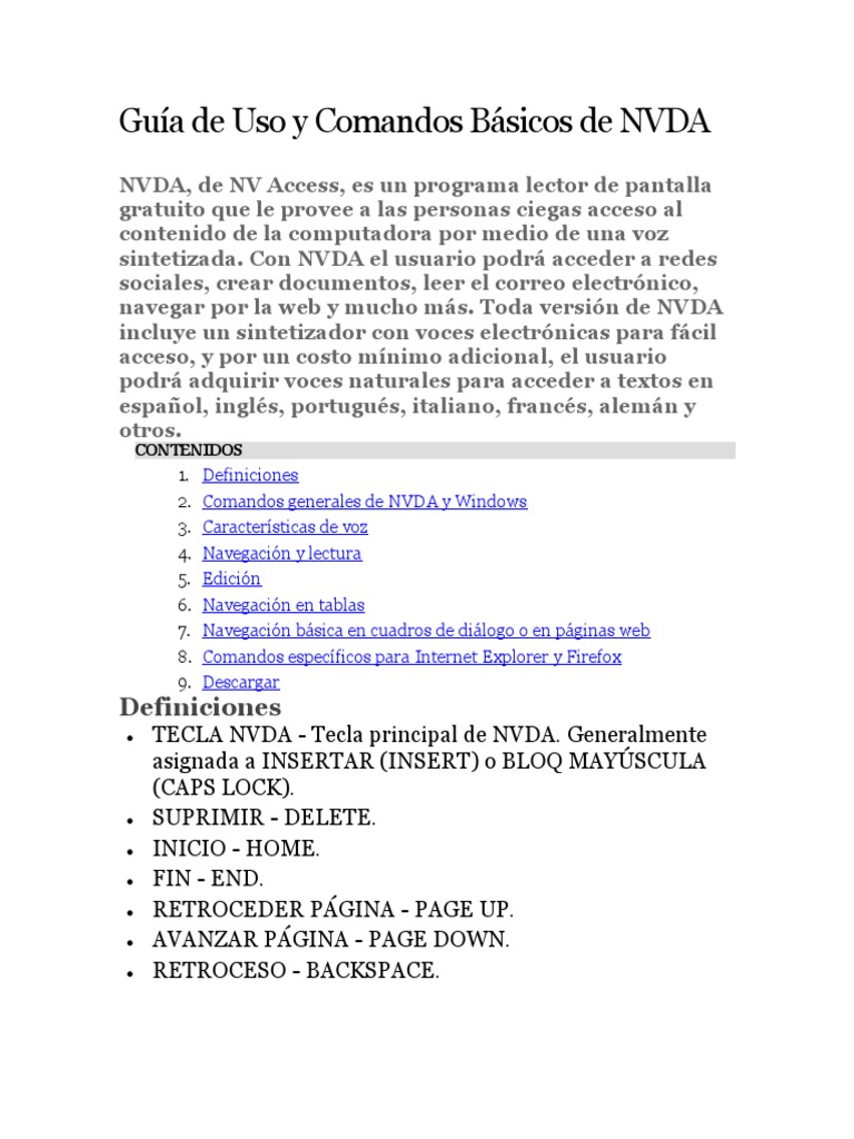 Guía de Uso y Comandos Básicos de NVDA | PDF | explorador de Internet | Microsoft Windows