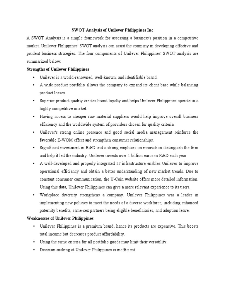 SWOT Analysis of Unilever Philippines Inc | PDF | Swot Analysis | Brand
