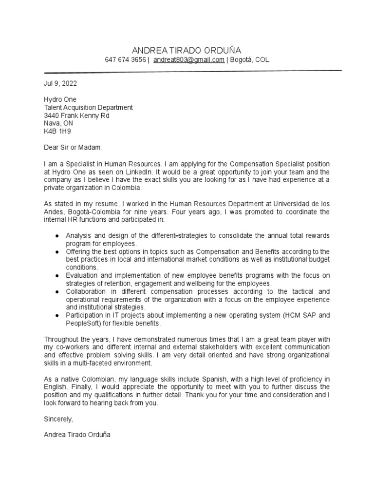 Cover letter Hydro One | PDF