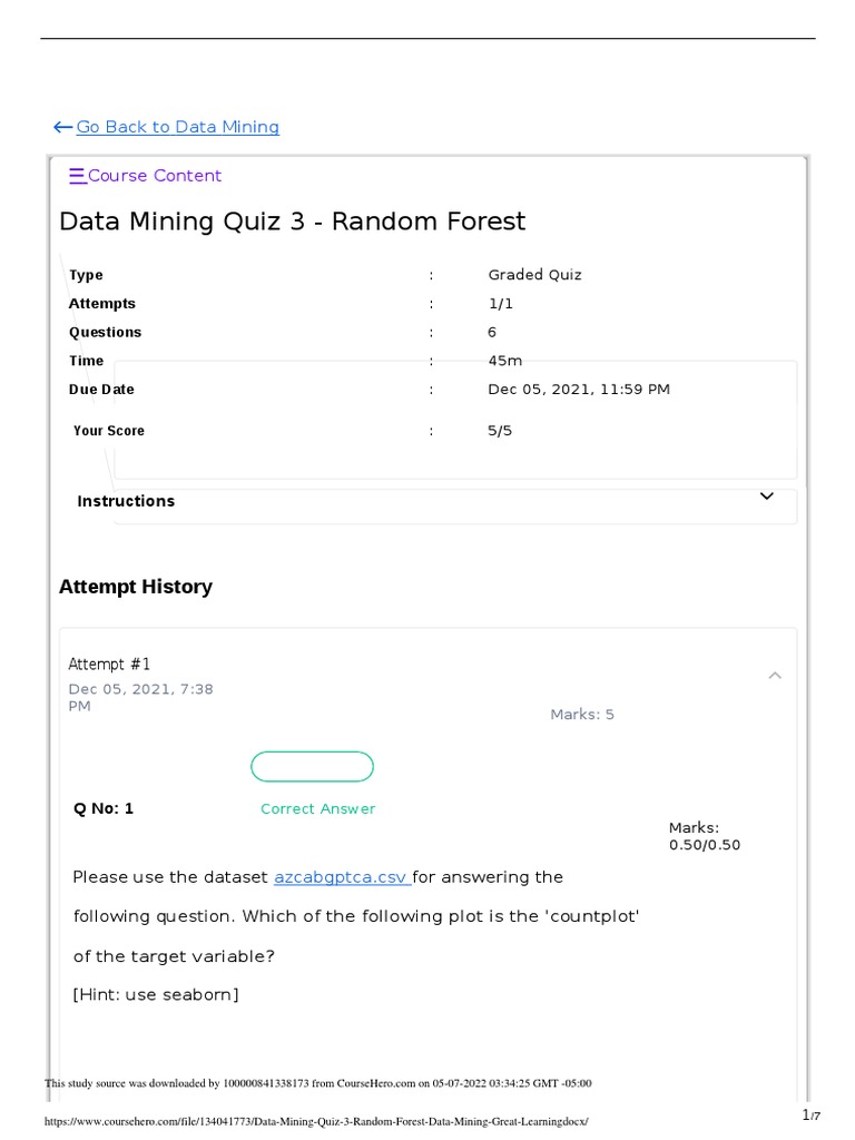 Data Mining Quiz 3 - Random Forest: Course Content | PDF | Receiver Operating Characteristic ...