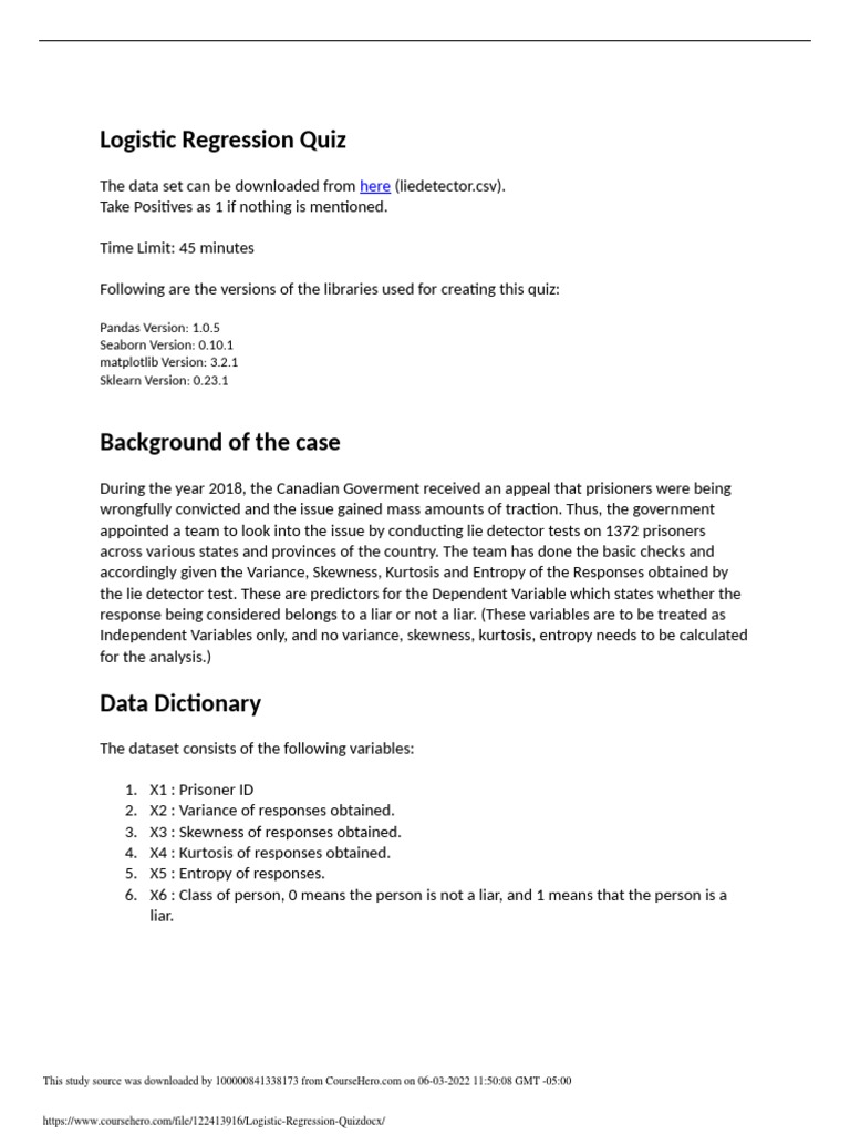 Logistic Regression Quiz: Pandas Version: 1.0.5 Seaborn Version: 0.10.1 ...