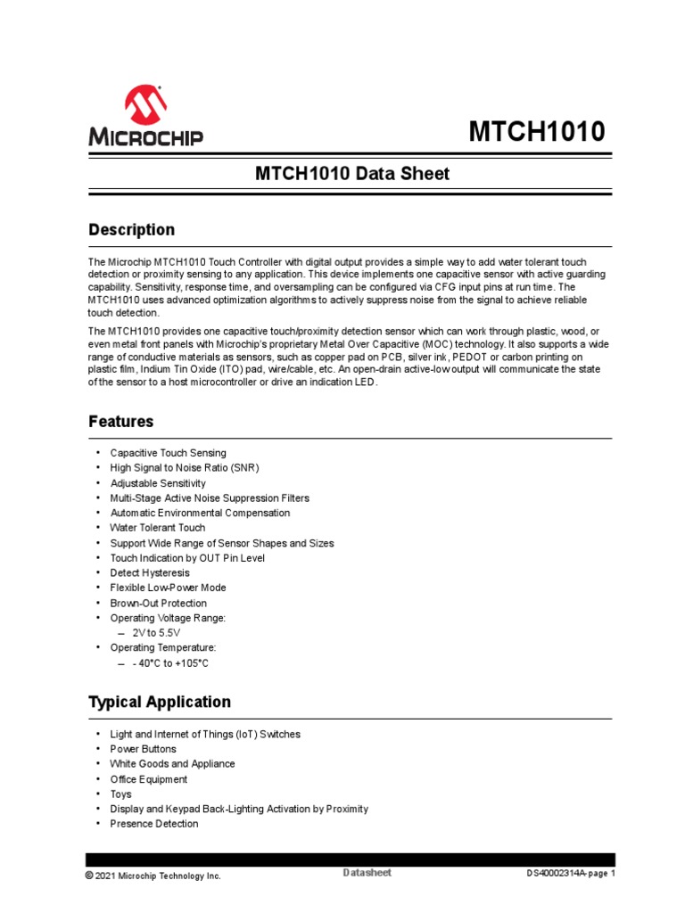 MTCH1010 Data Sheet DS40002314A | PDF | Sensor | Capacitor