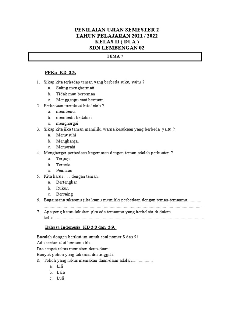Soal UAS Kelas 2 Tema 7 | PDF