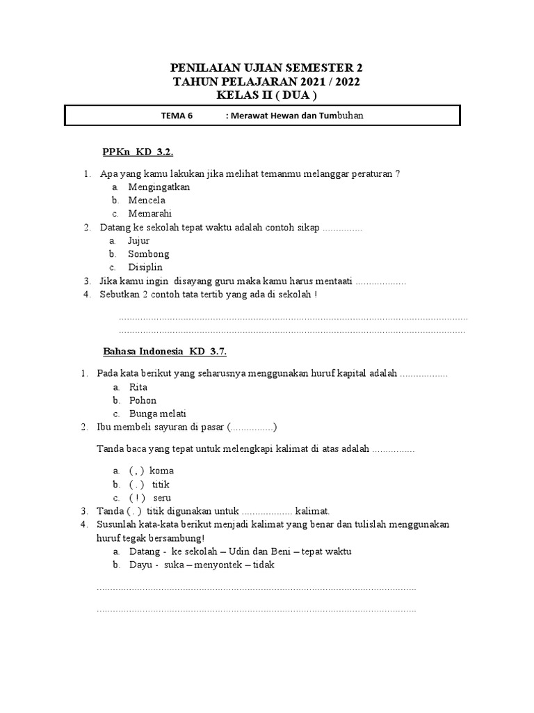 Soal UAS Kelas 2 Tema 6 | PDF