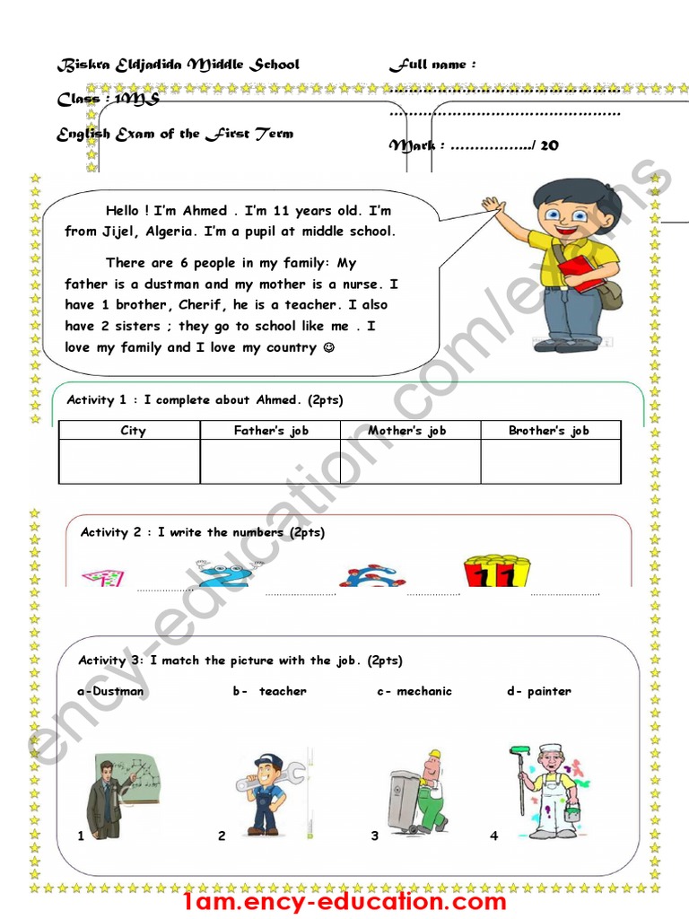 Biskra Eldjadida Middle School Full Name: Class: 1MS English Exam of ...