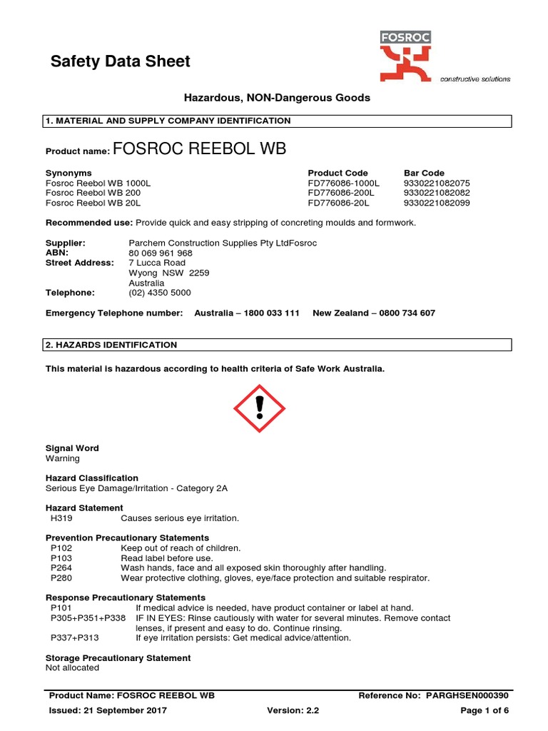Fosroc Reebol WB: Safety Data Sheet | PDF | Dangerous Goods | Toxicity