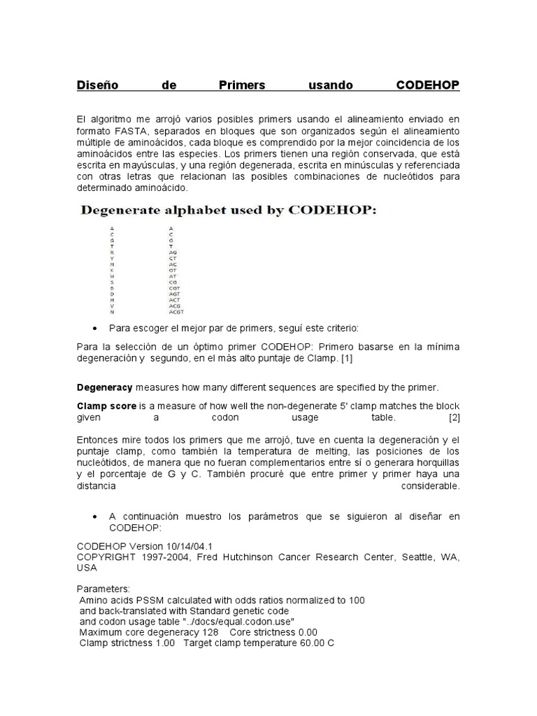 Diseño de Primer Mediante Codehop | PDF | Primer (Biología Molecular ...