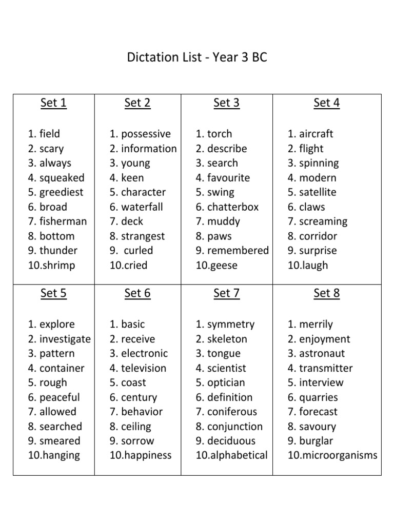 Dictation List - Year 3 BC: Set 1 Set 2 Set 3 Set 4 | PDF | Young Adult