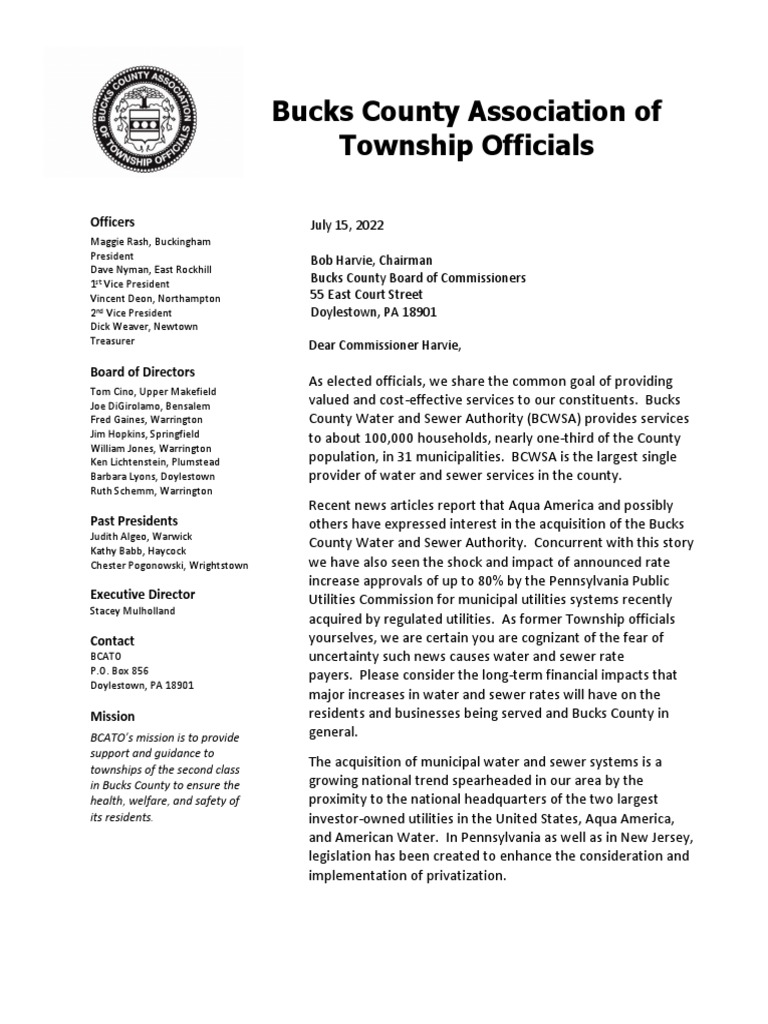 BCATO Letter To Bucks County Commissioners | PDF | Economies