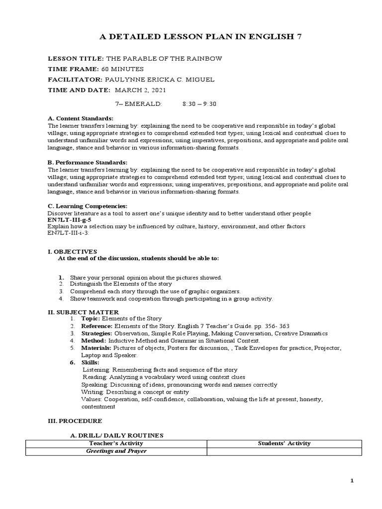 A DETAILED LESSON PLAN IN ENGLISH 7 | PDF | Lesson Plan | Teachers