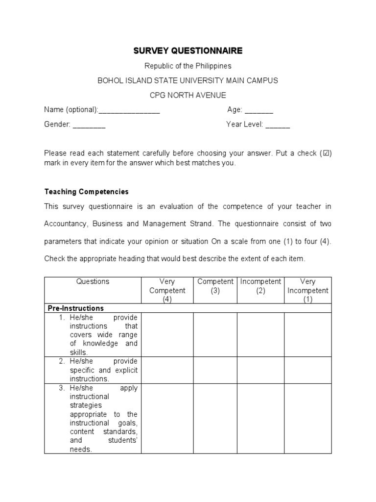 Survey Questionnaire: Teaching Competencies | PDF | Teachers | Test ...