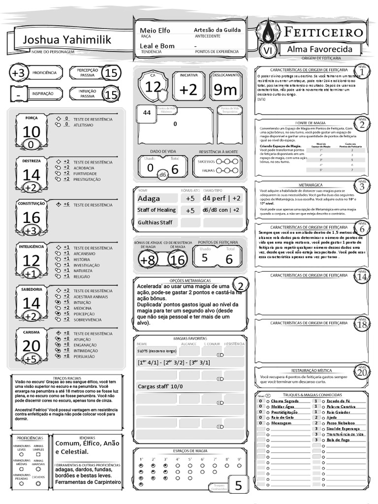 DND 5e - Ficha - Feiticeiro - Joshua Yahimilik VI-1 | PDF