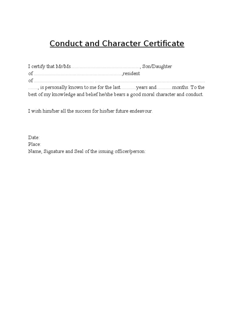 Conduct and Character Certificate Format | PDF
