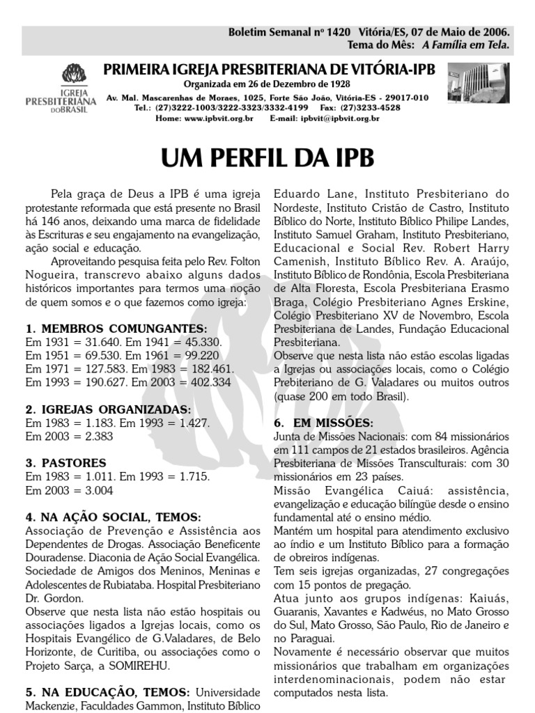 Um Perfil Da Ipb: Primeira Igreja Presbiteriana de Vitória-Ipb | PDF