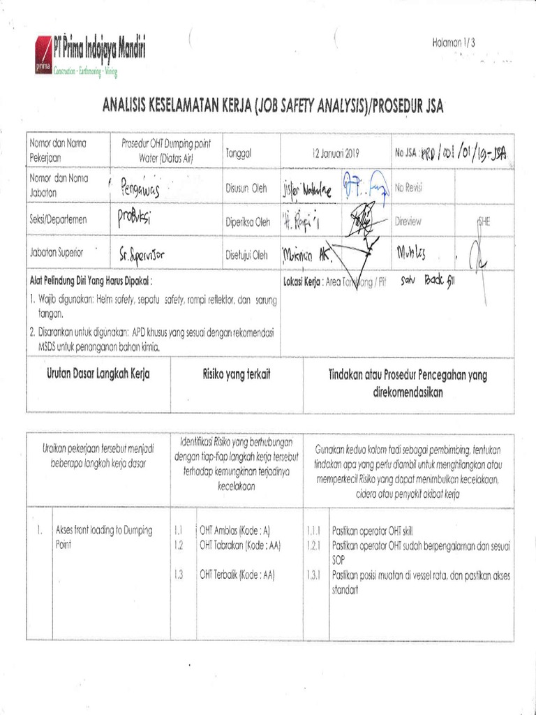 001 JSA Prosedur OHTDumping Point Water (Diatas Air) | PDF