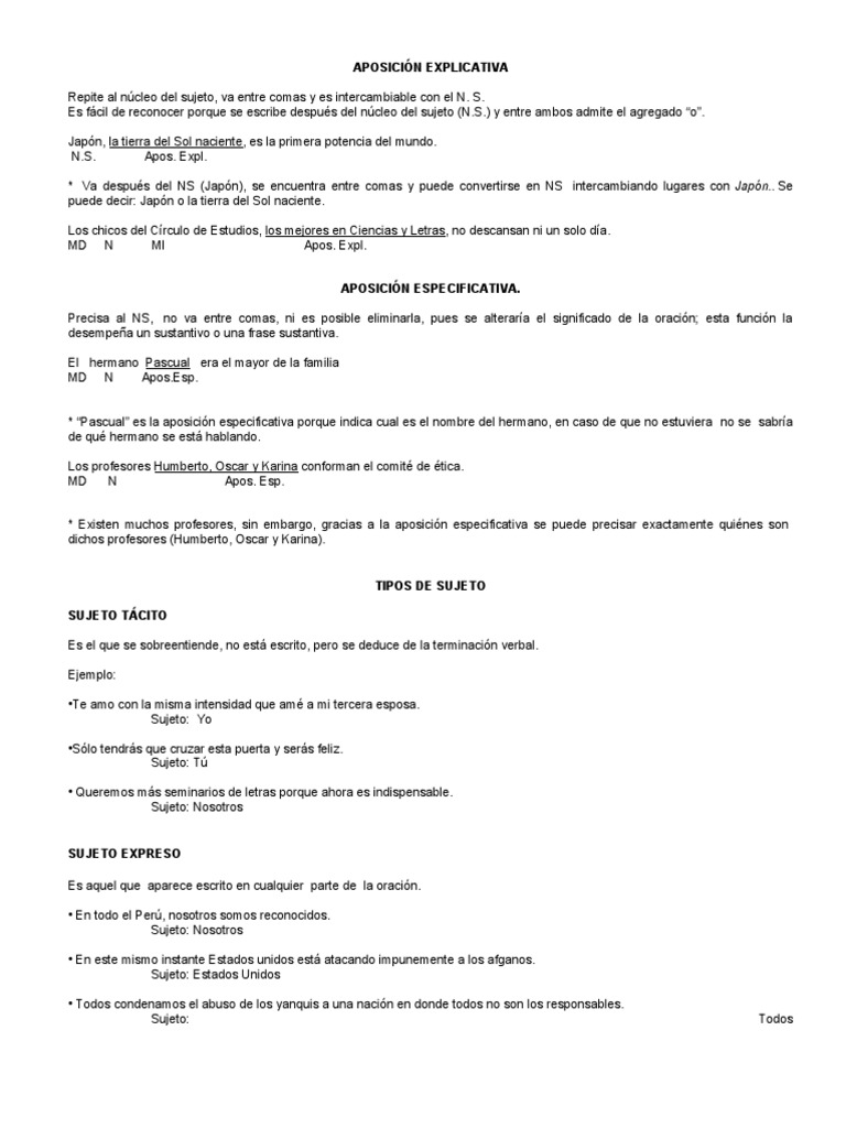 Aposición: Ejemplos y Tipos | PDF | Asunto (gramática) | Mecánica del ...