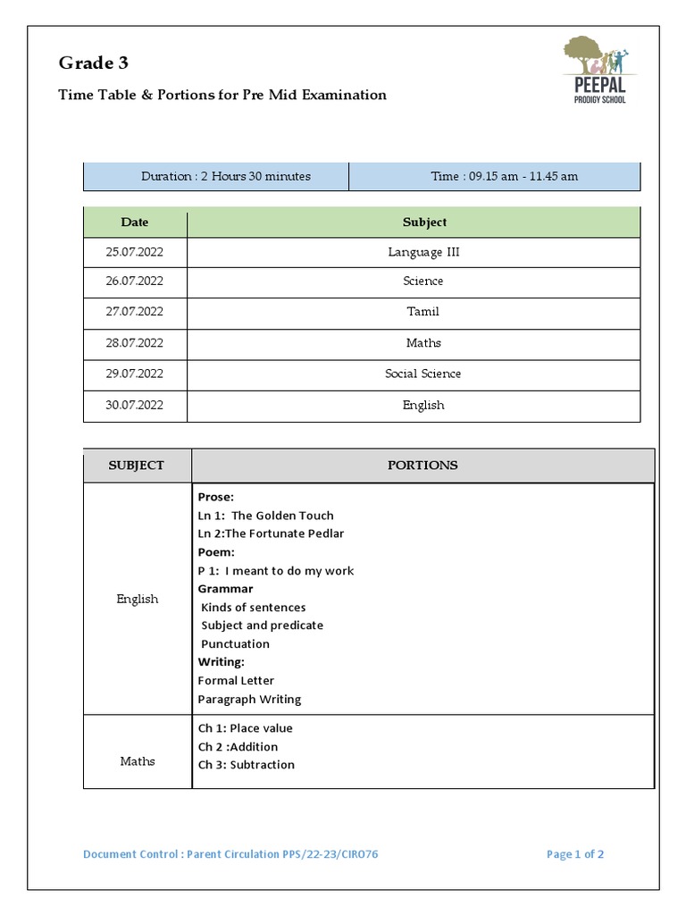 Grade 3 - Pre Mid Exam Portions | PDF