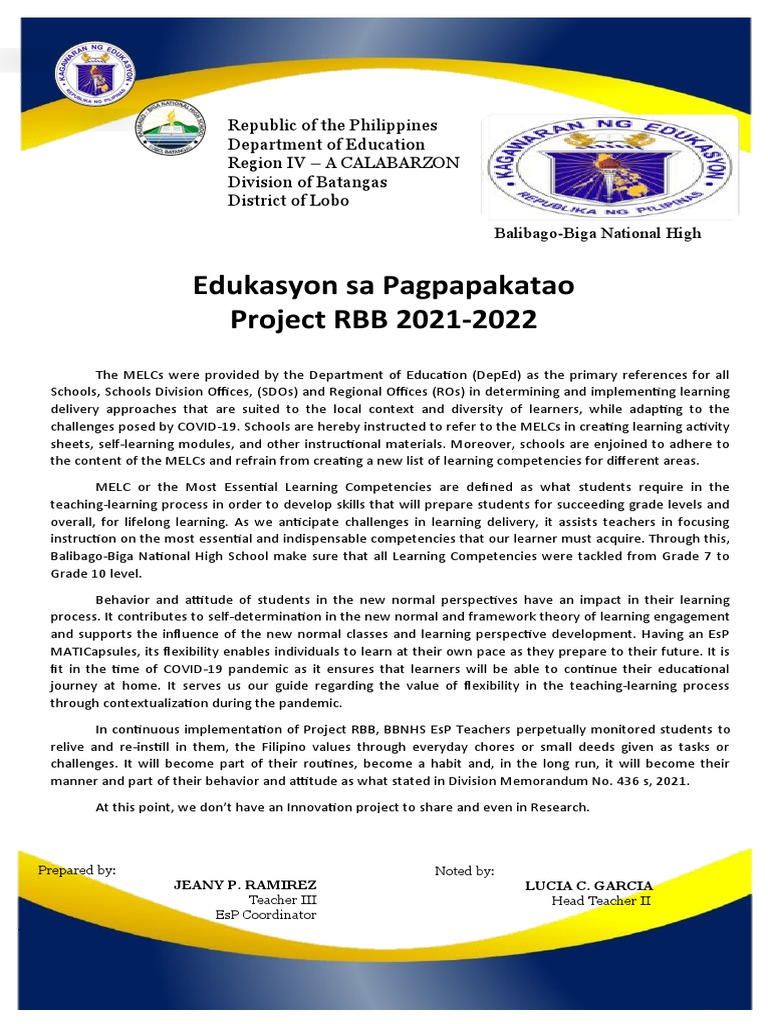 BBNHS - EsP Narrative Report | PDF | Learning | Cognitive Science