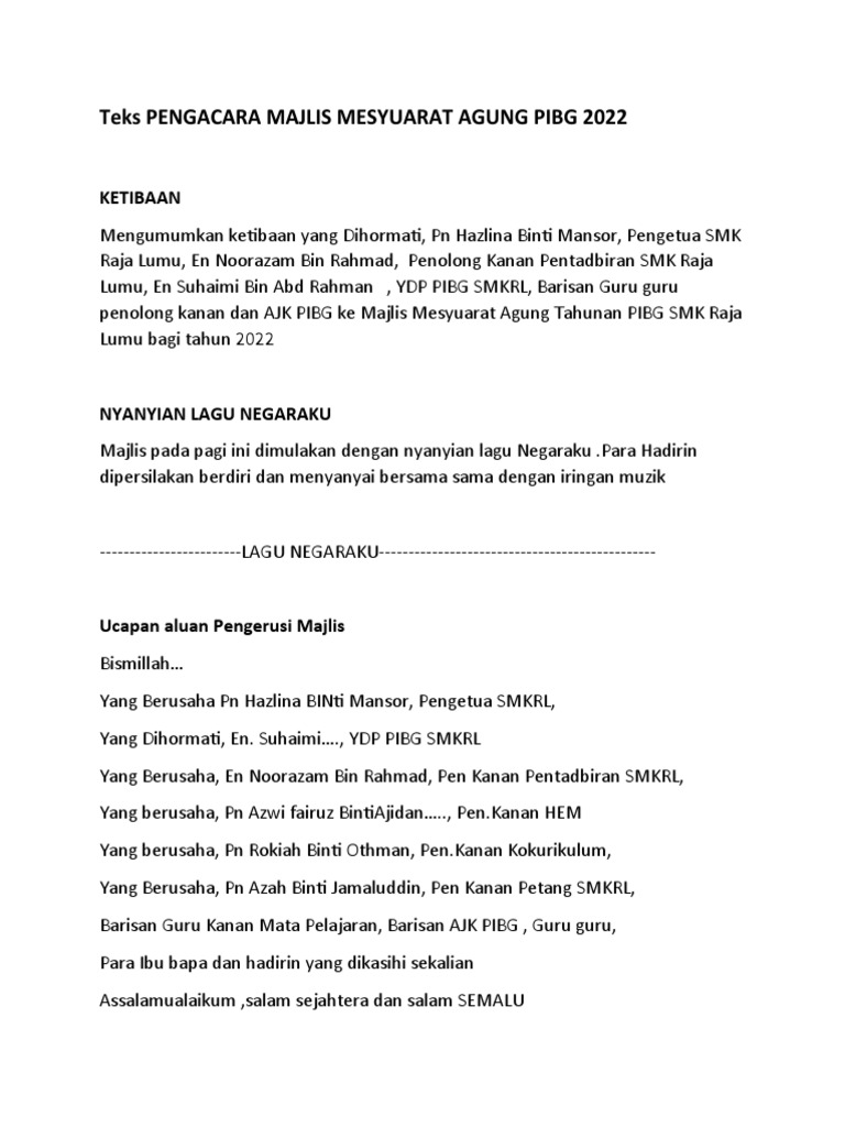 Teks PENGACARA MAJLIS MESYUARAT AGUNG PIBG 2022 | PDF