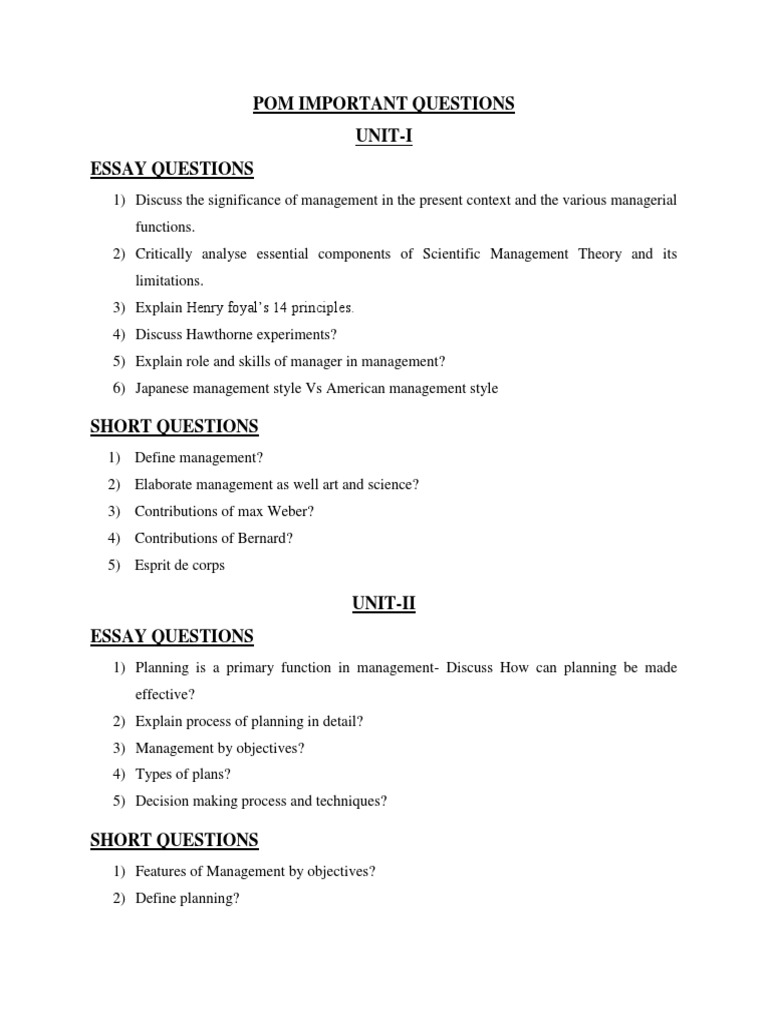 Pom Questions (I Bba - I Sem) | PDF | Leadership | Leadership