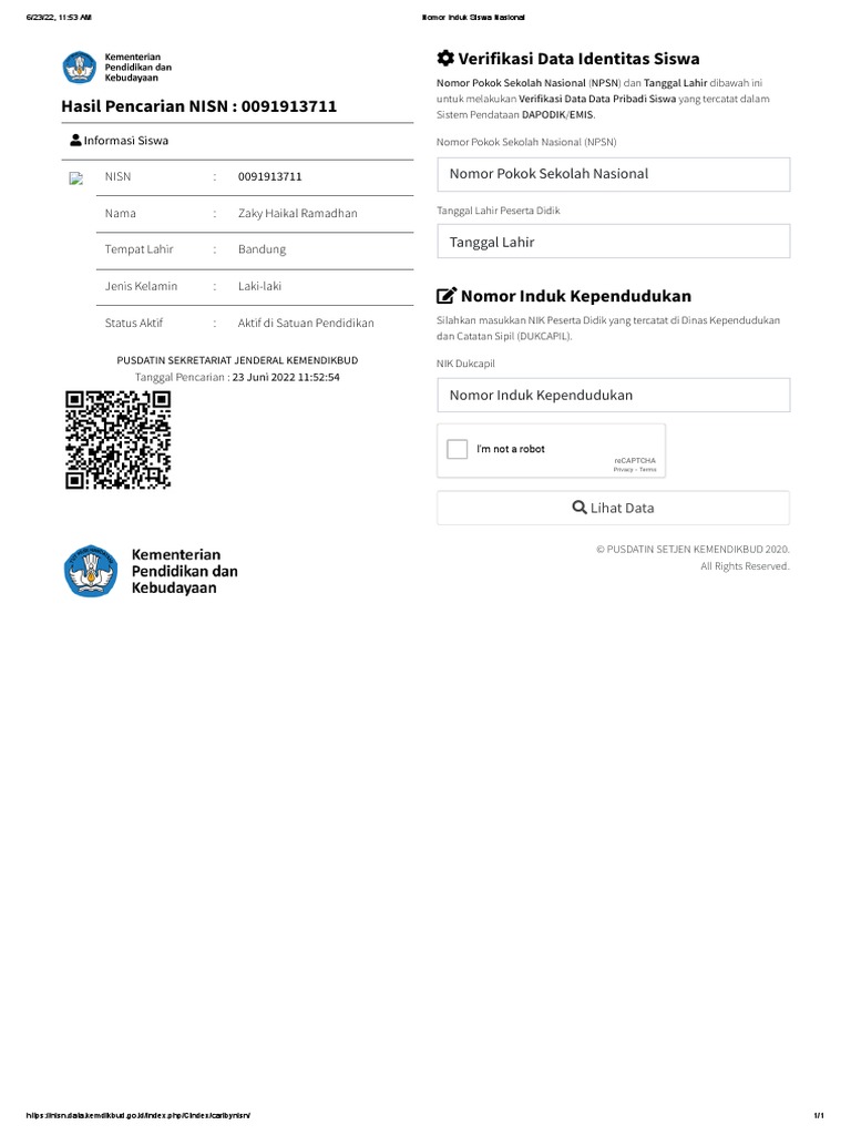 Contoh Nomor Induk Siswa Nasional | PDF