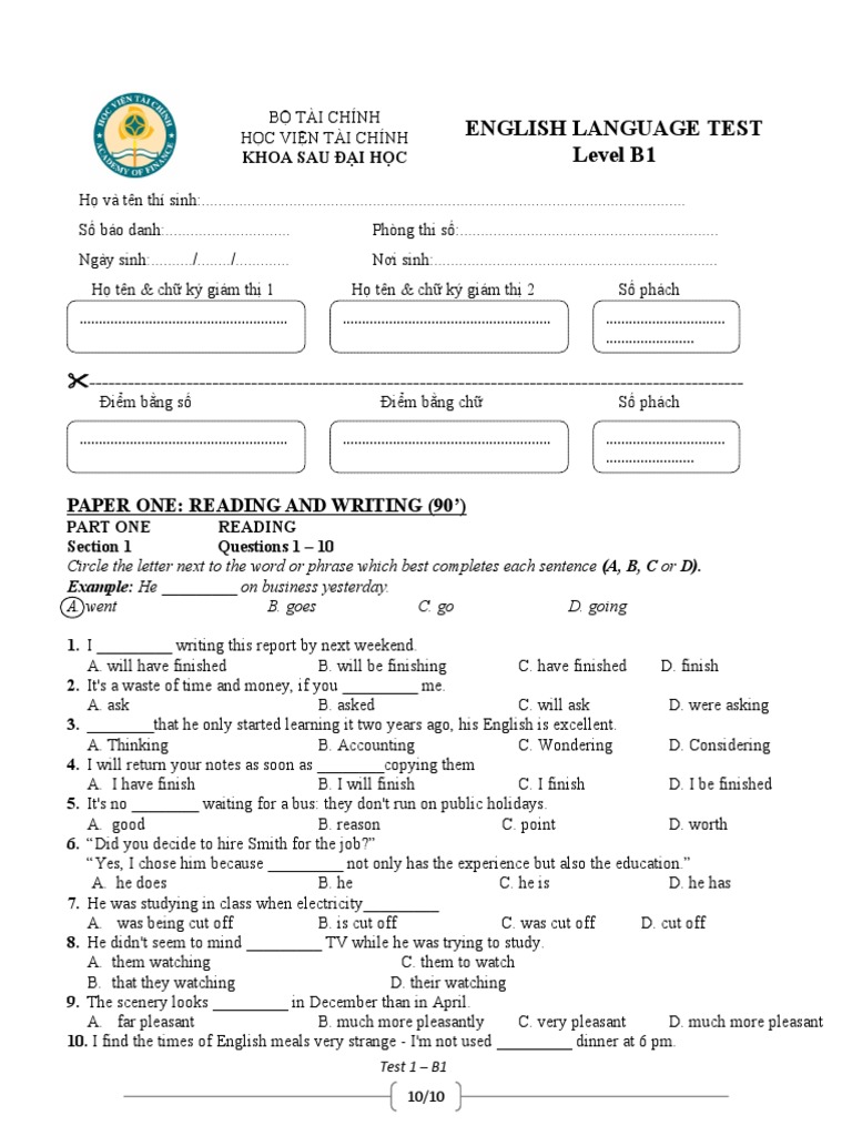 English Language Test Level B1: Paper One: Reading and Writing (90 ...