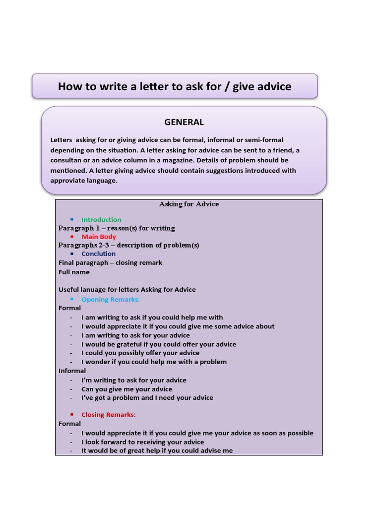 How To Write A Letter To Ask For / Give Advice: General | PDF
