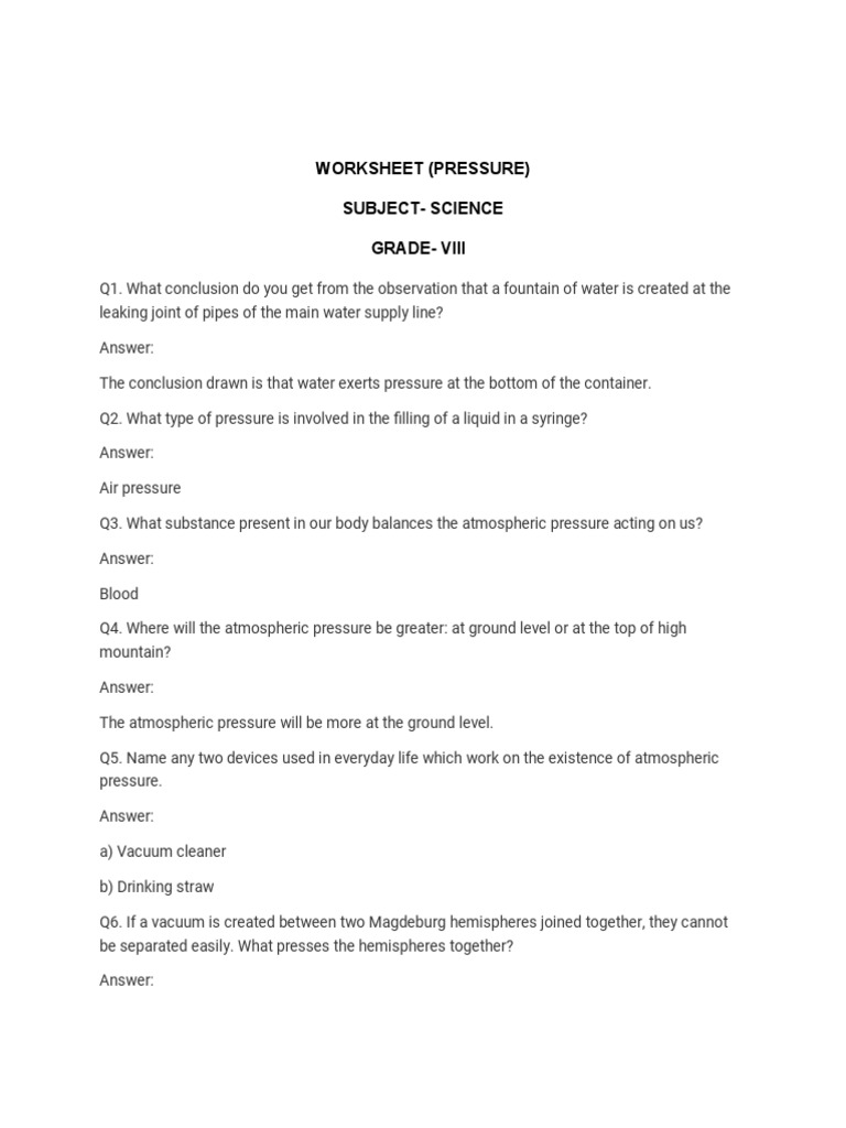 Worksheet (Pressure) Answer Key | PDF | Pressure | Liquids