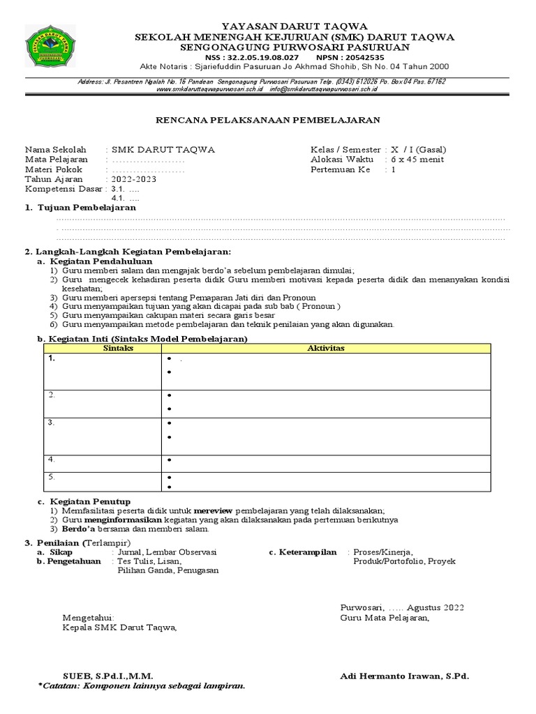 Format RPP 1 Lembar 2022-2023 | PDF