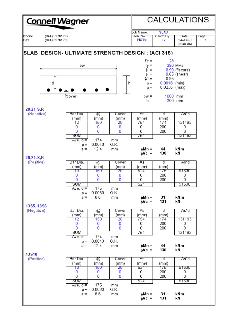 Calculations: Slab Design-Ultimate Strength Design: (Aci 318) | PDF ...