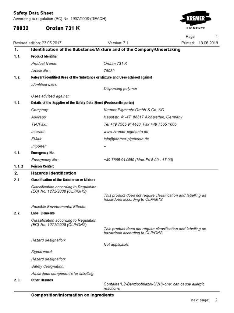 Orotan 731 K: Identification of The Substance/Mixture and of The Company/Undertaking 1 | PDF ...