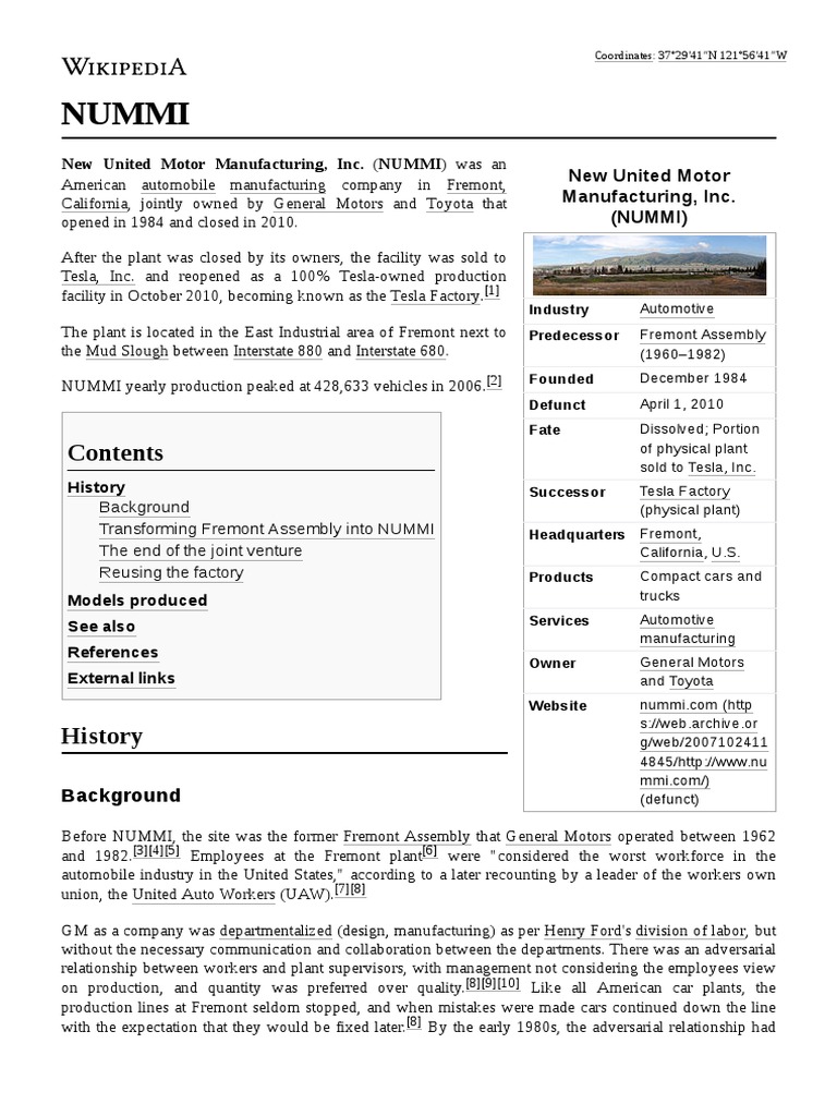 Nummi: New United Motor Manufacturing, Inc. (NUMMI) Was An | PDF ...