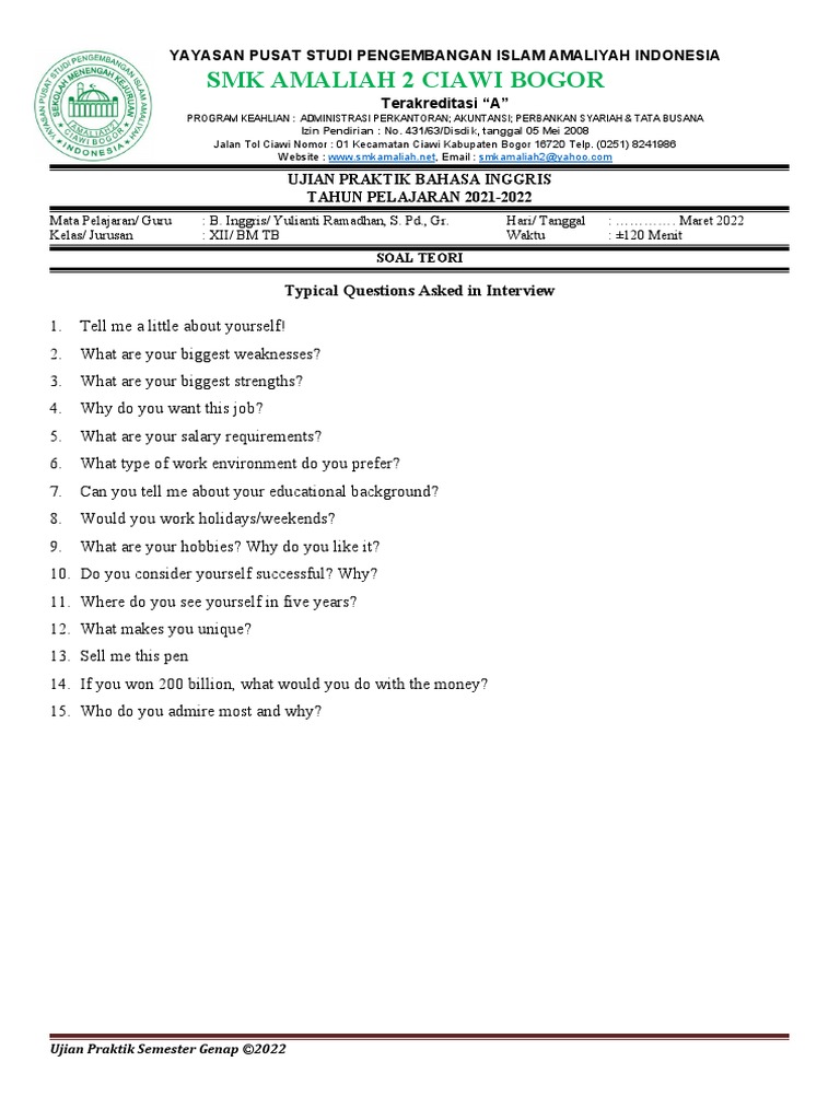 Soal Ujian Praktik Bhs Inggris (Job Interview) Kelas XII BM TP 2021-2022 | PDF