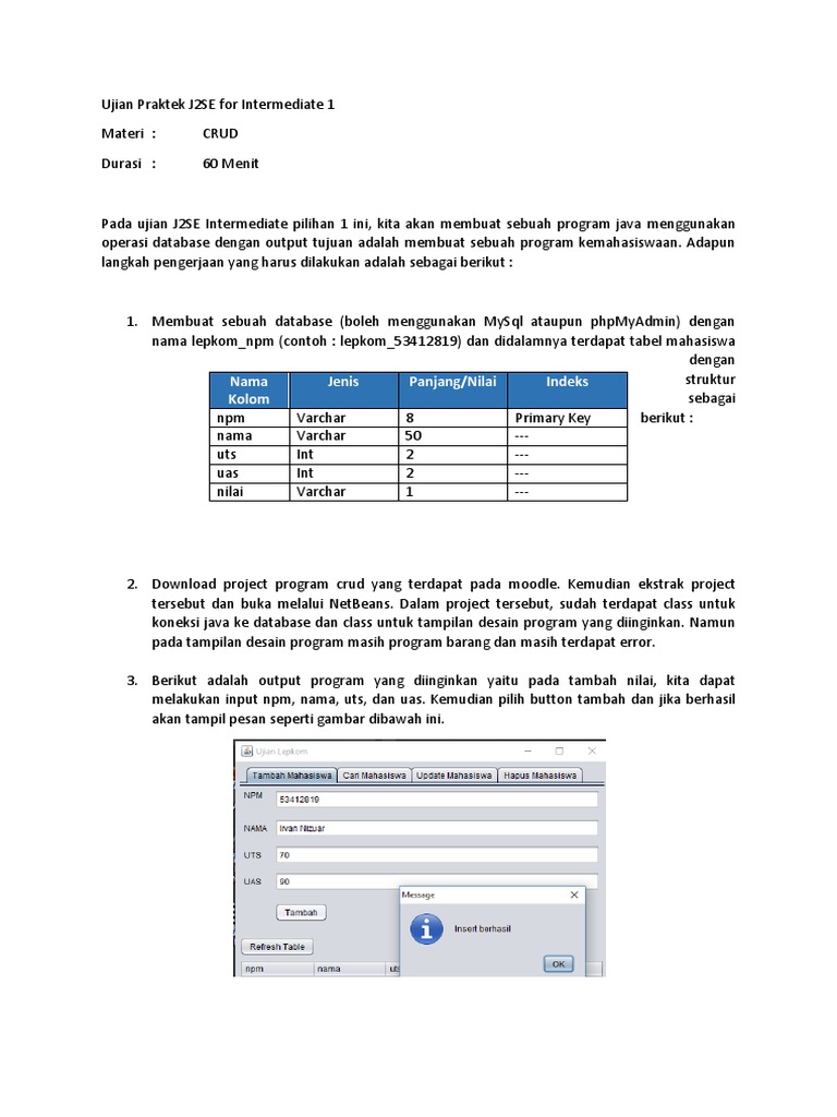 Ujian CRUD J2SE Intermediate | PDF | Metode & Bahan Ajar | Komputer