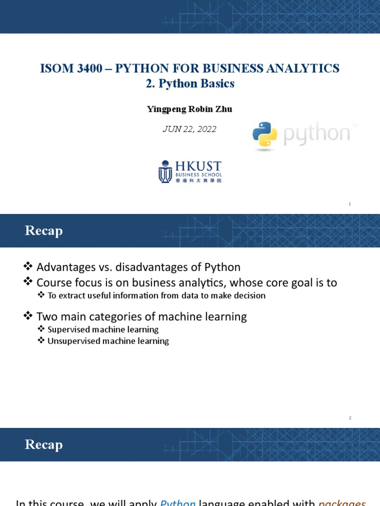 Isom 3400 - Python For Business Analytics 2. Python Basics: Yingpeng Robin Zhu | PDF | Boolean ...