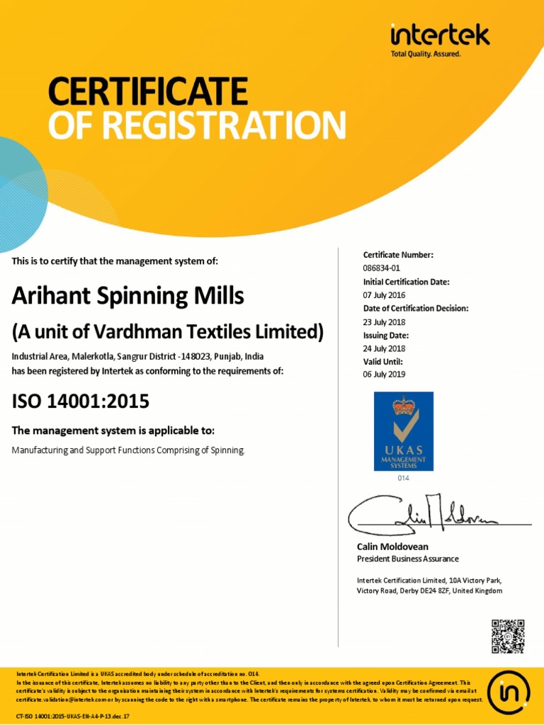 Arihant Spinning Mills: (A Unit of Vardhman Textiles Limited) | PDF | Certification