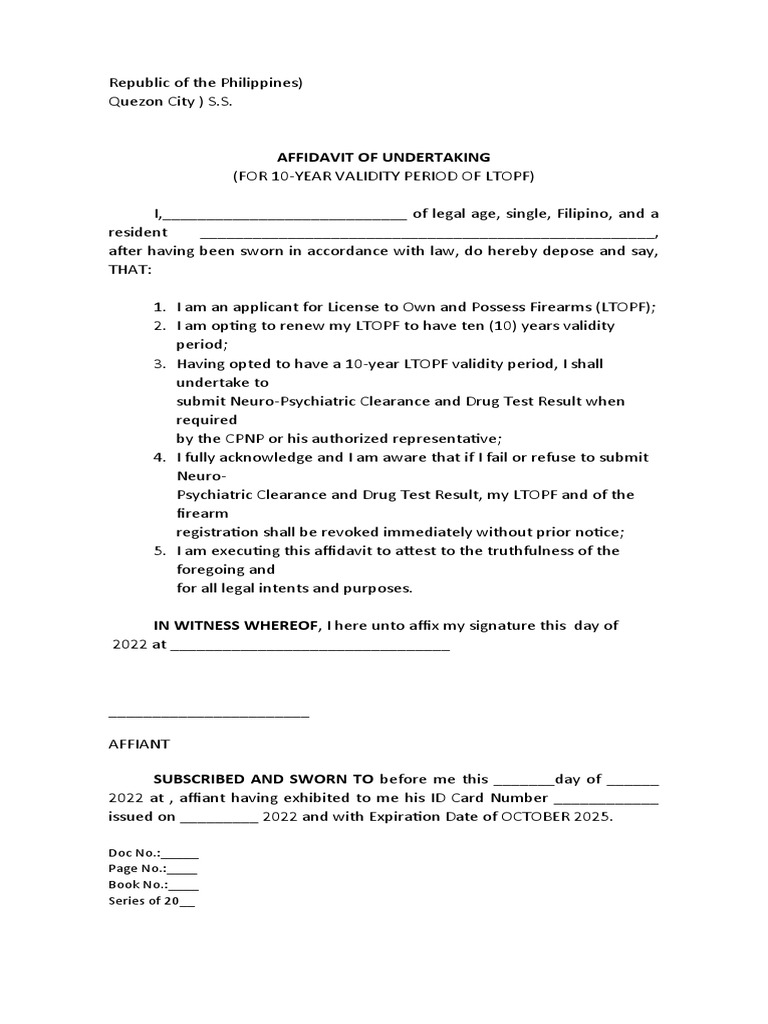 Affidavit-of-Undertaking 10 Yrs For LTOPF New 2022 | PDF