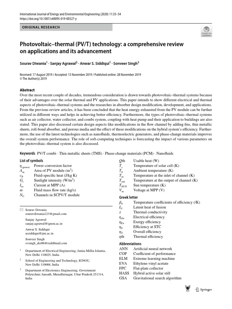 Photovoltaic-Thermal (PV/T) Technology: A Comprehensive Review On Applications and Its ...