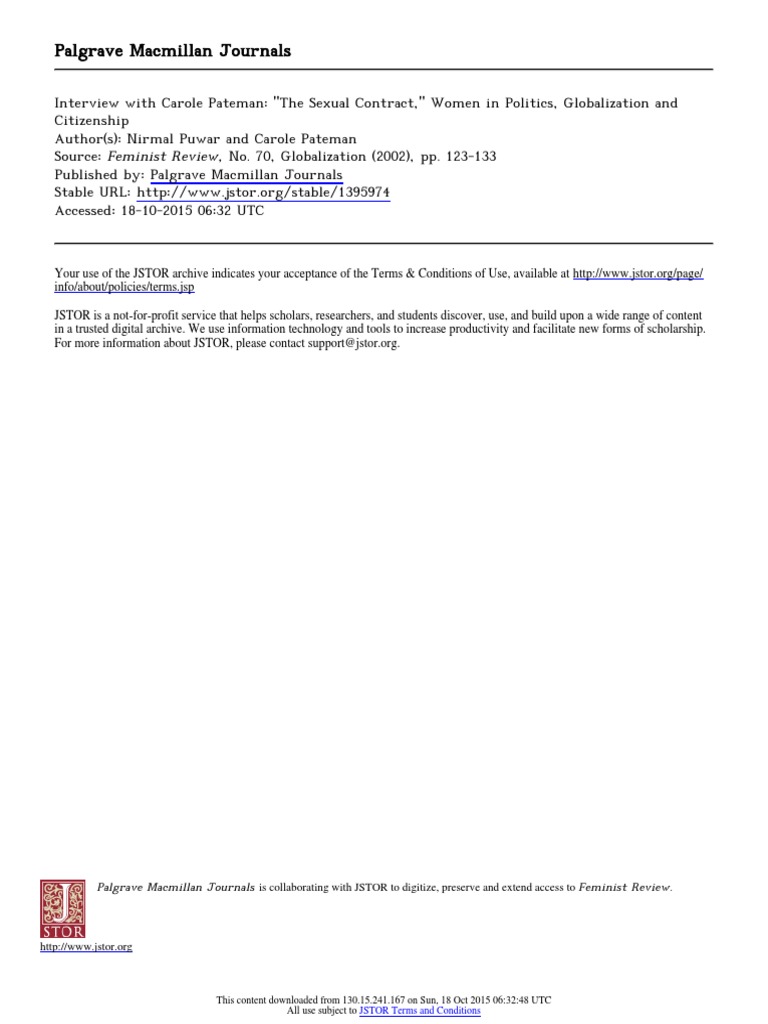 Interview Carole Pateman Sexual Contract2002 Pdf Feminism