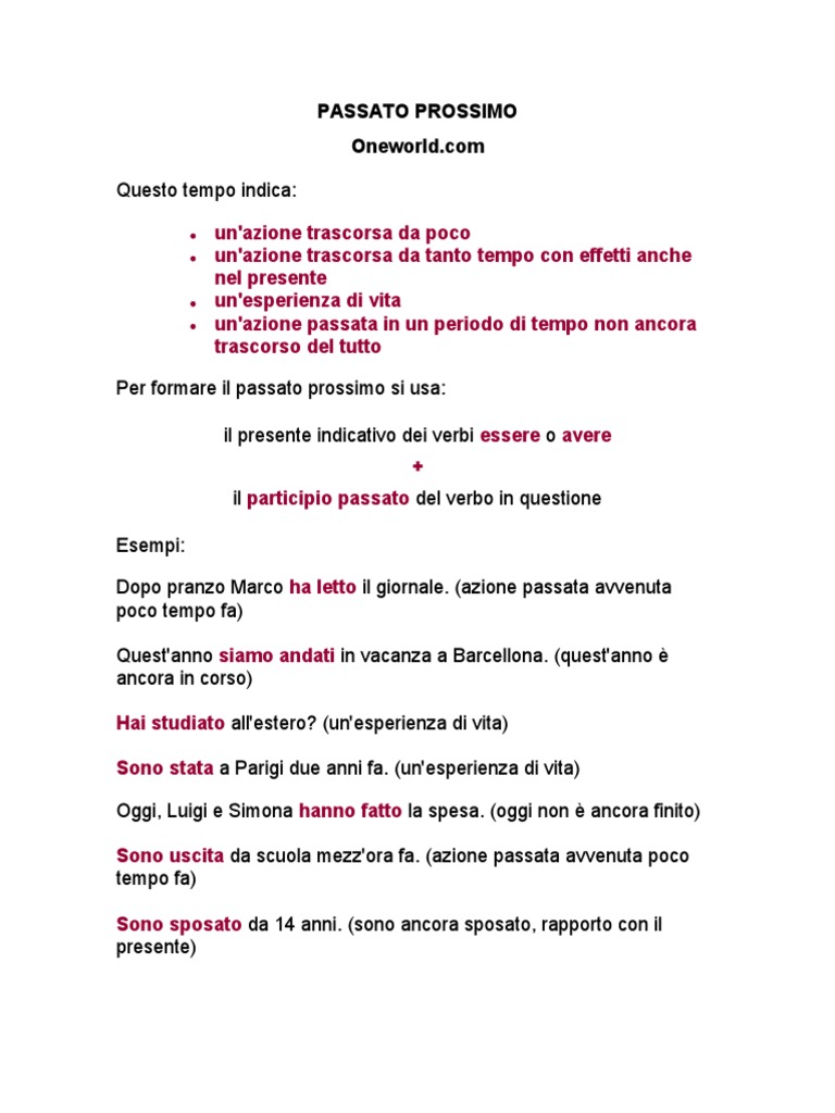 Passato Prossimo Imperfetto Futuro Semplice | PDF