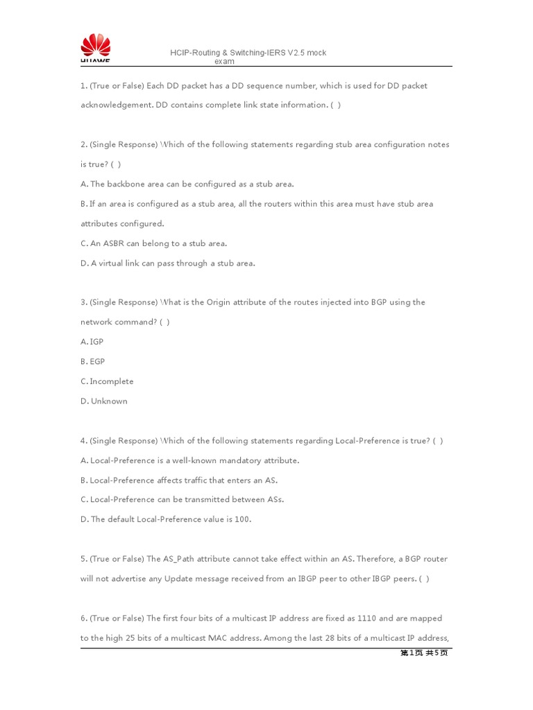 HCIP-Routing & Switching-IERS V2.5 Mock Exam | PDF | Routing | Network Switch