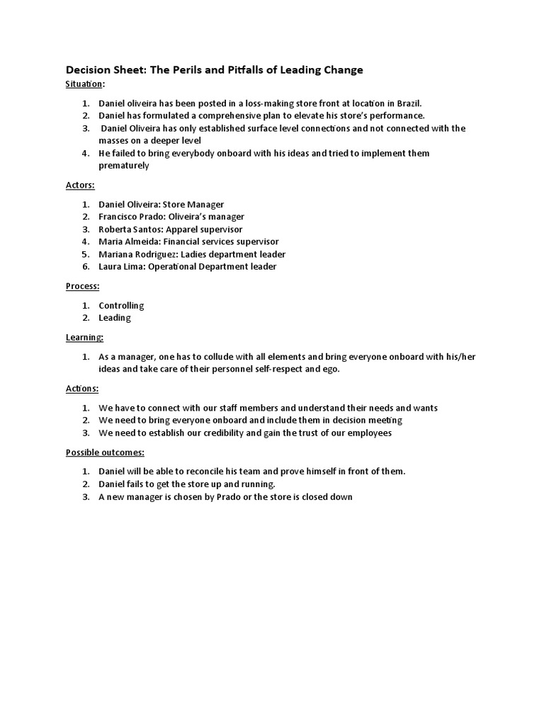Decision Sheet: The Perils and Pitfalls of Leading Change | PDF