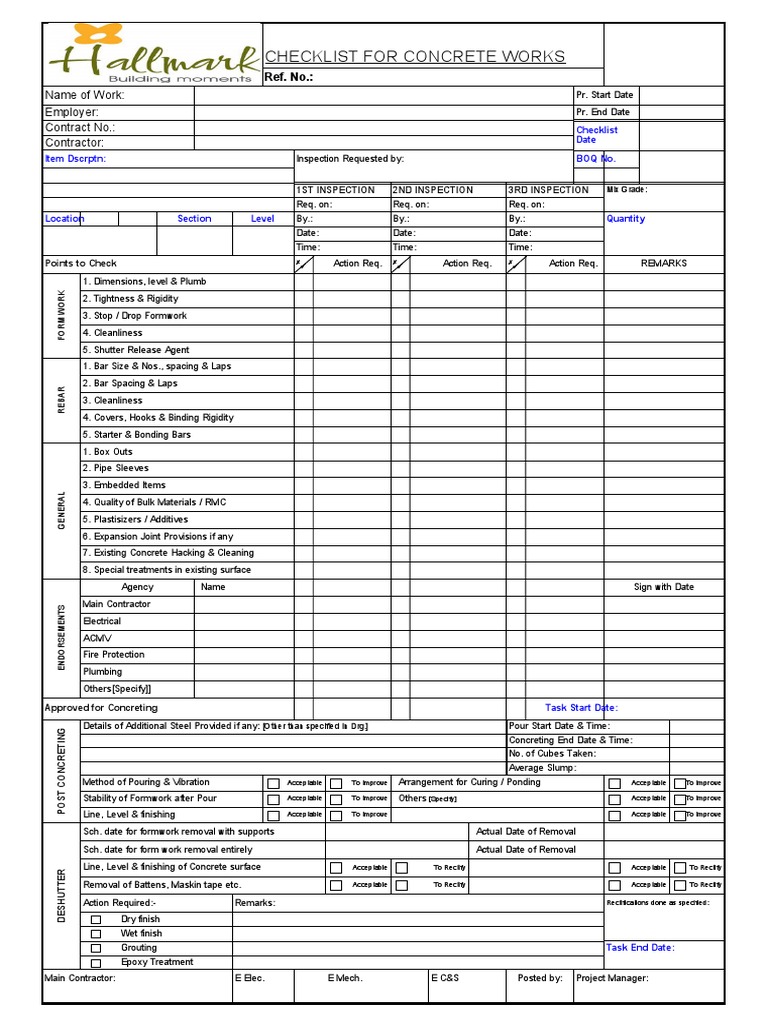 Checklist For Concrete Works: Name of Work: Employer: Contract No ...