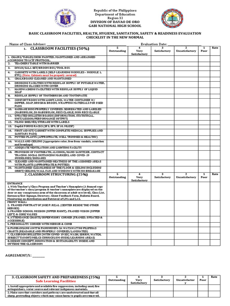 Basic Classroom Facilities Structuring School Safety Preparedness Evaluation Checklist | PDF ...
