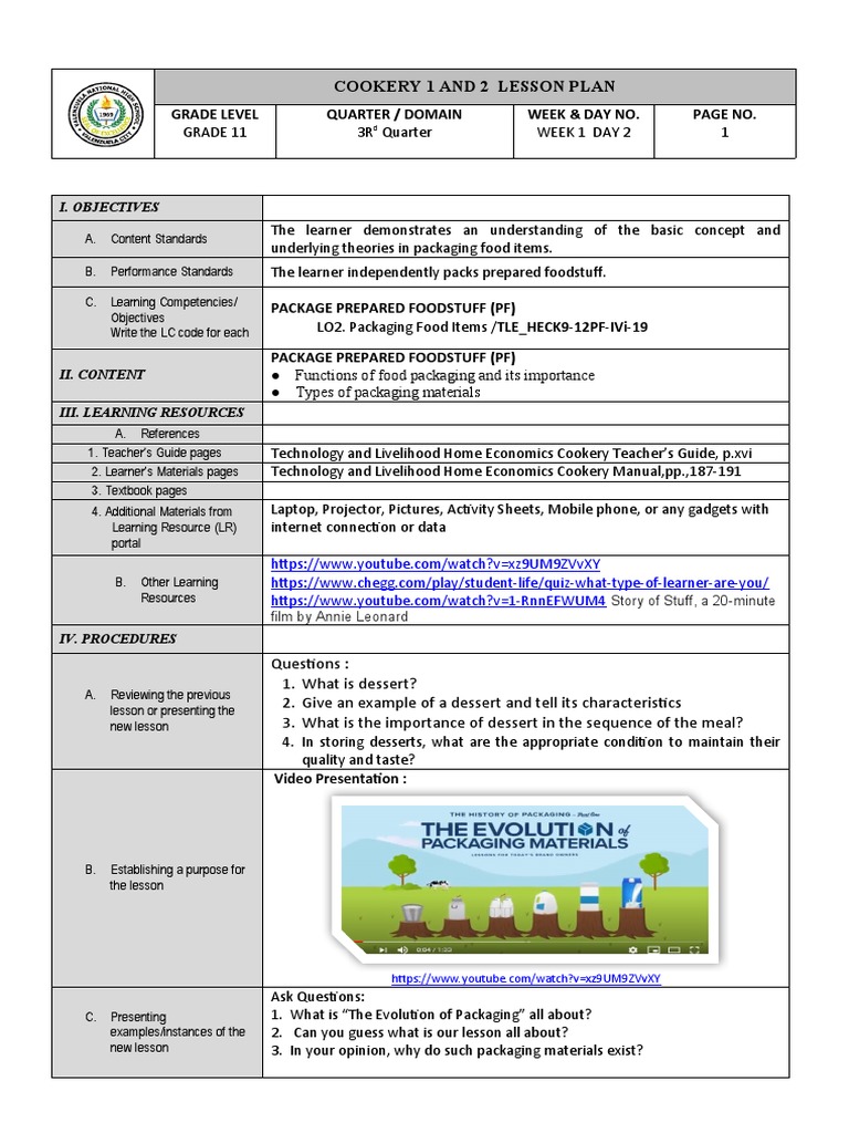 Lesson Plan Cookery FOOD PACKAGING | PDF | Lesson Plan | Learning