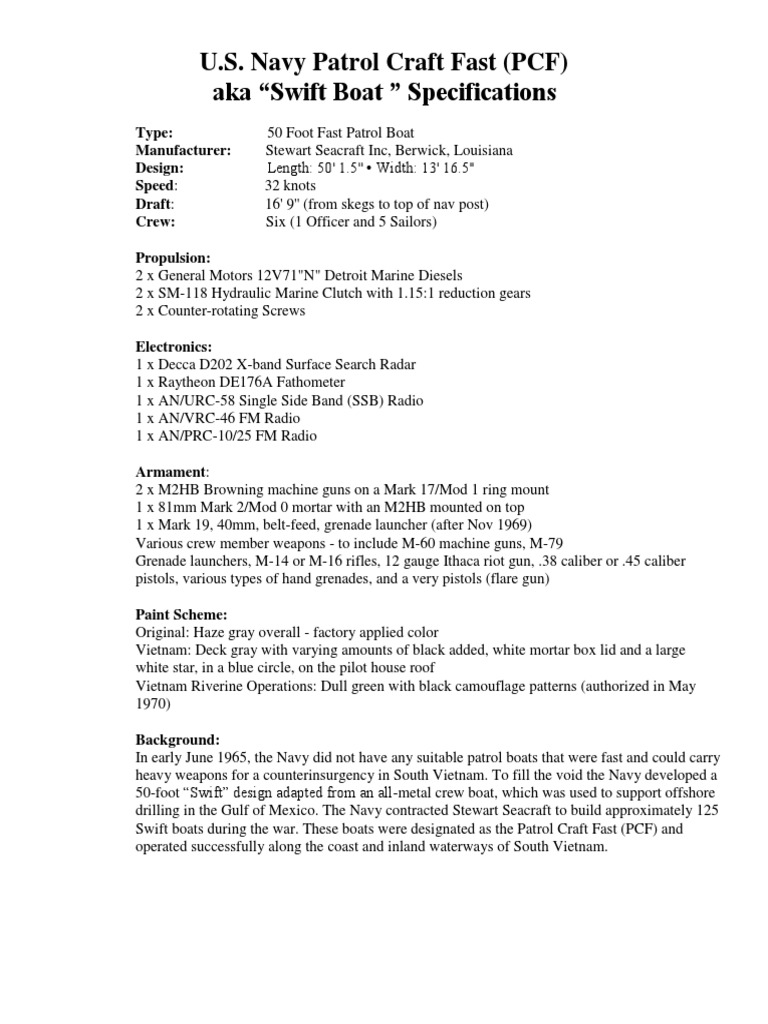 U.S. Navy Patrol Craft Fast (PCF) Aka "Swift Boat " Specifications ...
