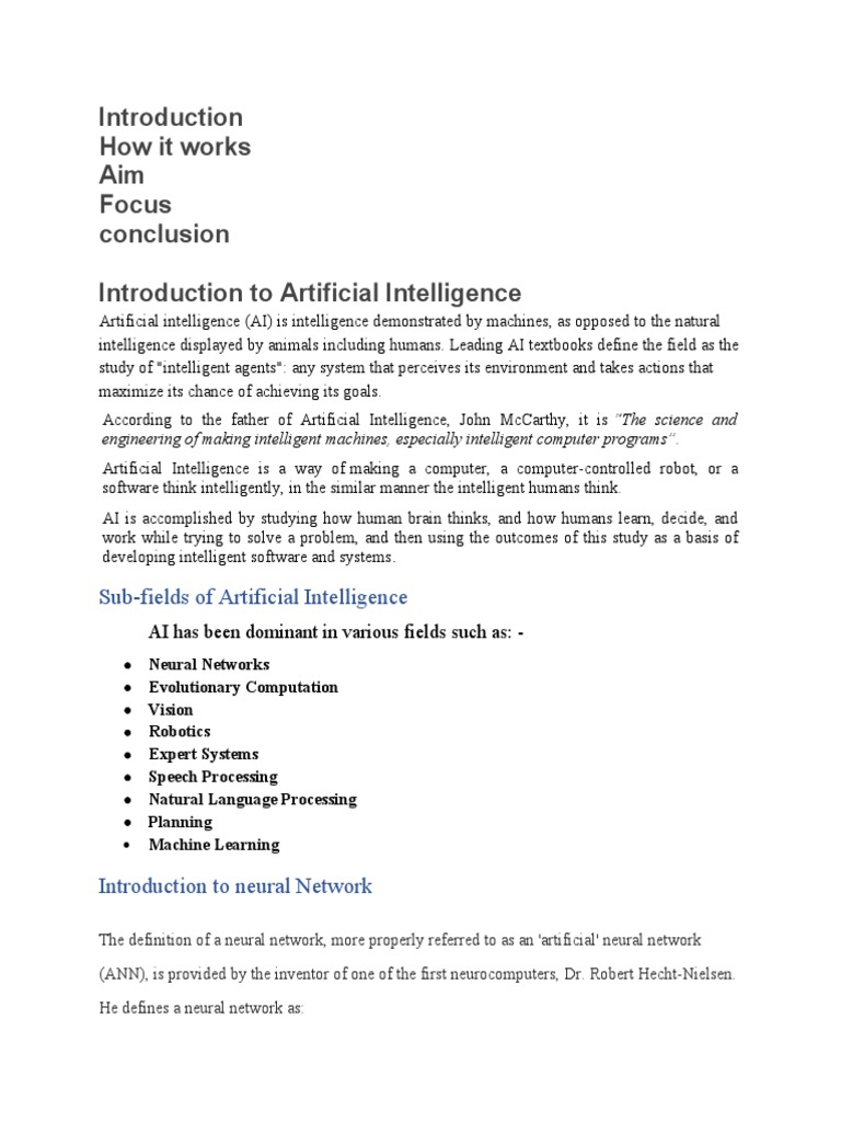 How It Works Aim Focus Conclusion Introduction To Artificial ...