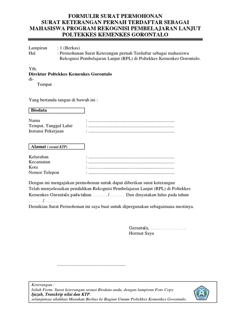 Formulir Surat Permohonan Surat Keterangan | PDF