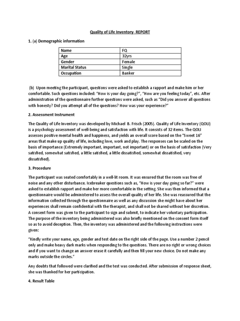 Asma - Report For QOLI | PDF | Self Esteem | Job Satisfaction